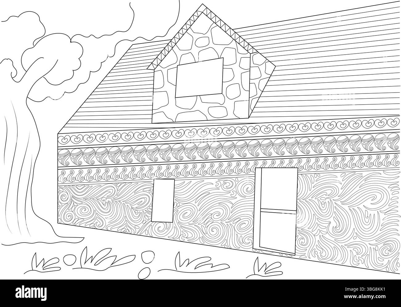 Detailed black and white line art drawing of a house with ornate ...