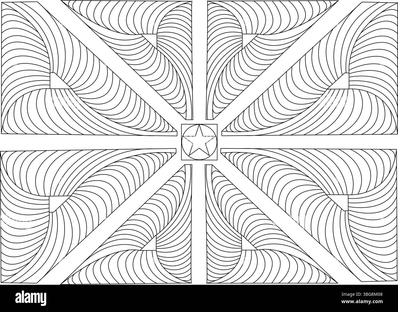 An abstract geometric design featuring radiating curved lines within triangular and rectangular ...