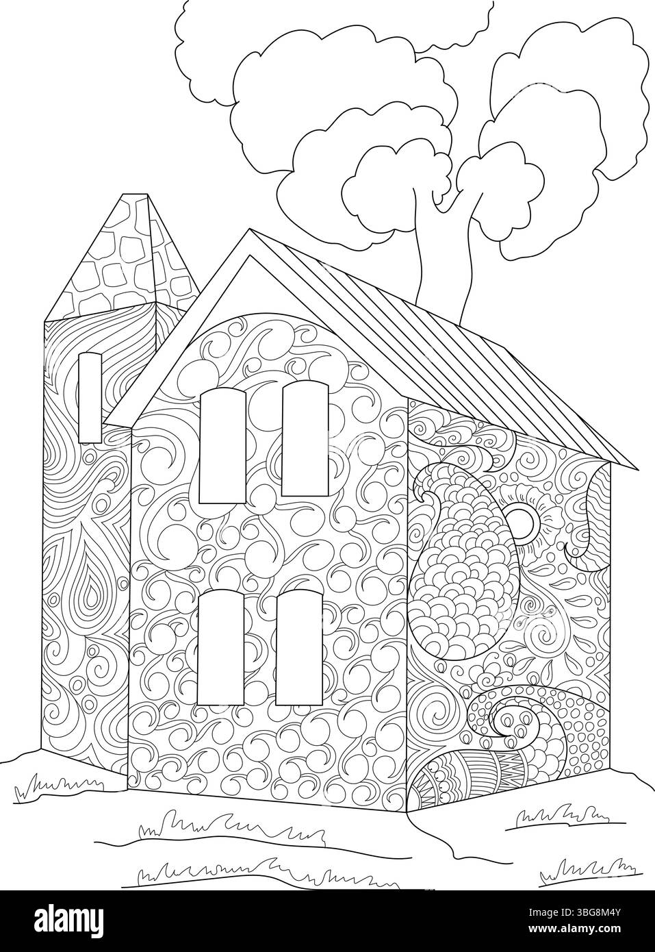 Abstract and intricate line art drawing of a stylized house with a tree ...