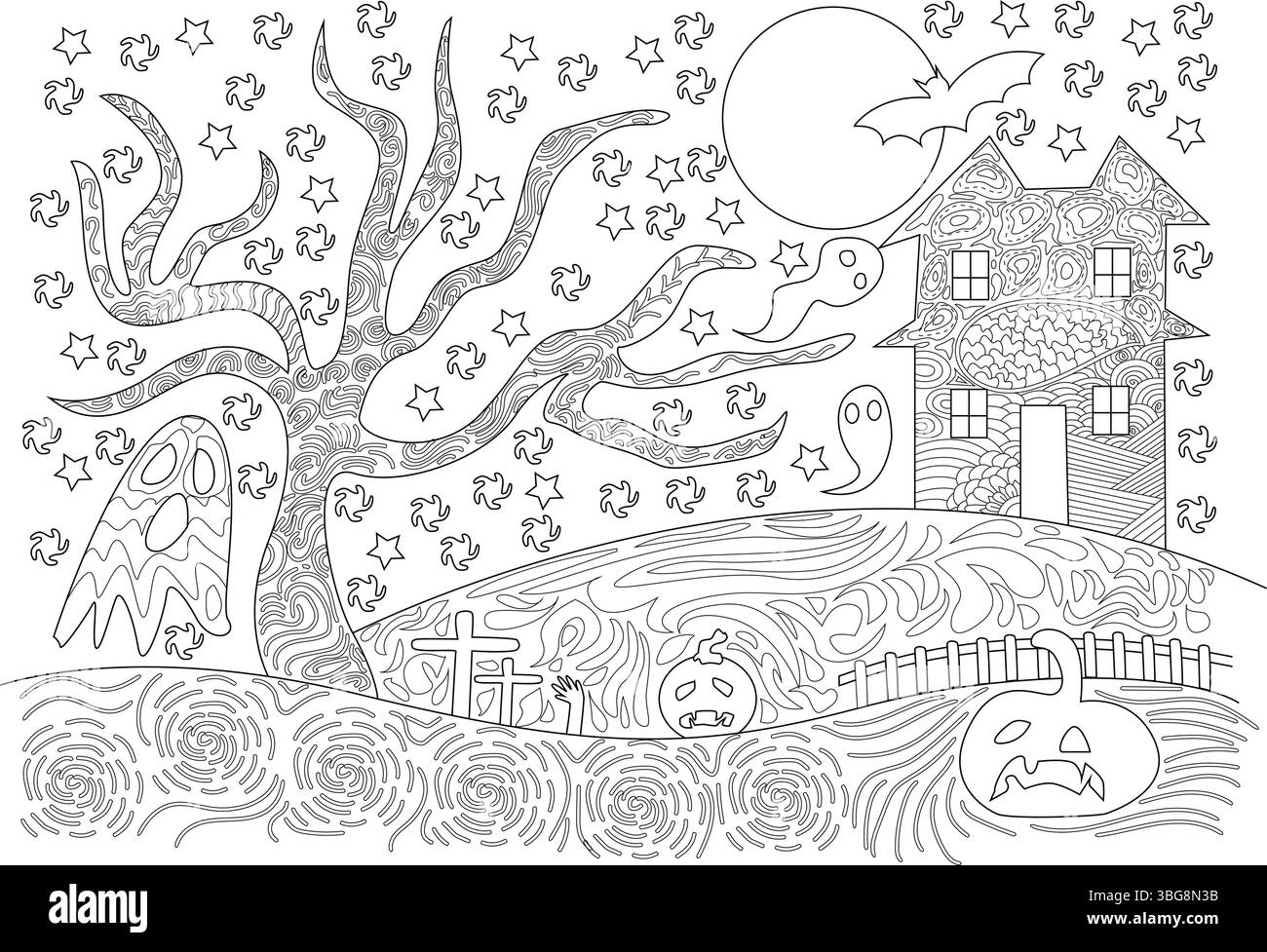 Spooky black and white line art illustration depicting a haunted house ...