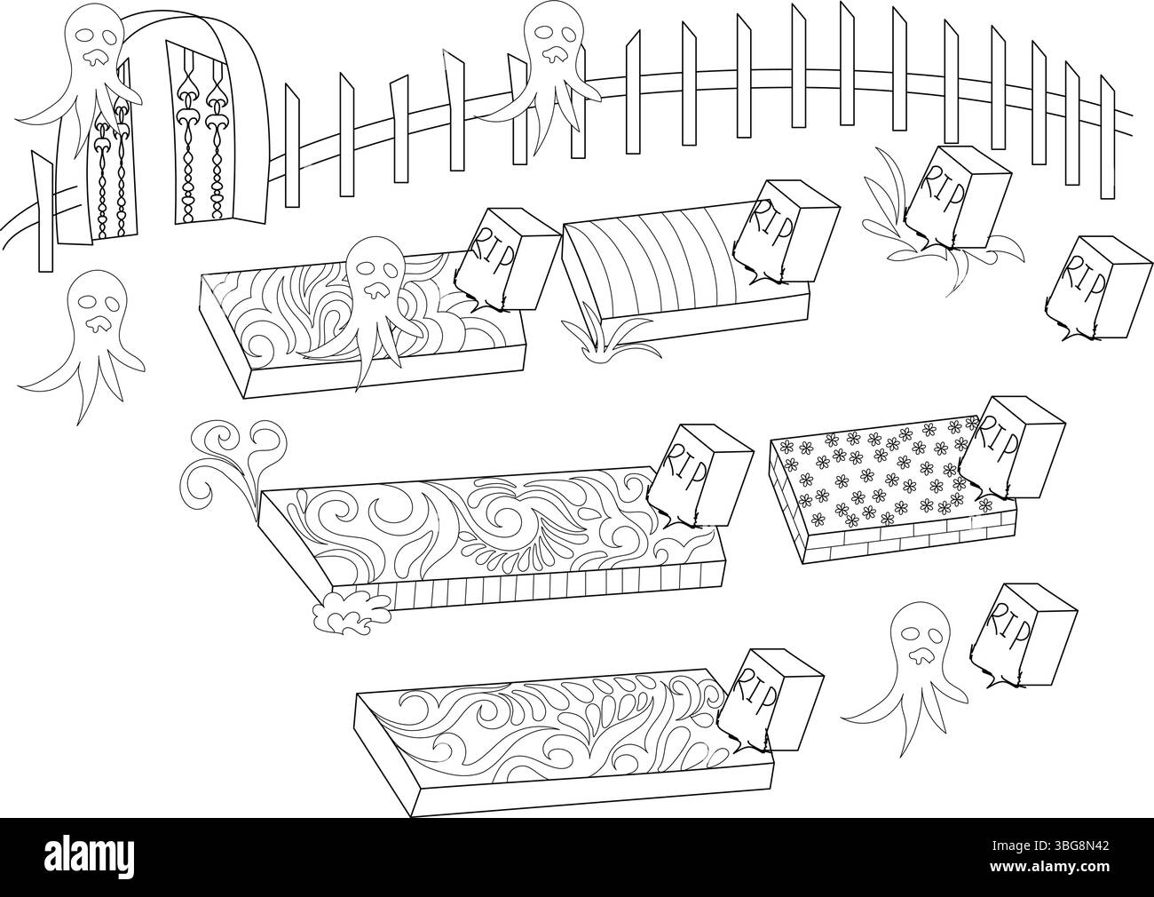 Black and white outline illustration of a spooky graveyard scene with ...