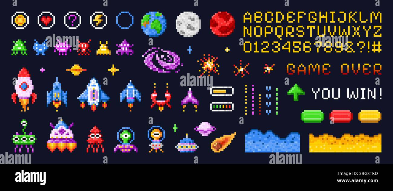 Space Arcade Interface Pixel Game Spaceship Invader Battle Retro Computer Videogame Ui