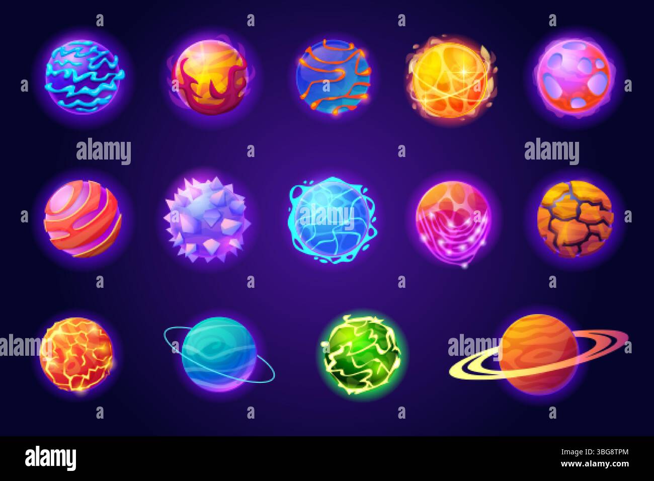 Magic alien planets. Cartoon fantasy planet different surface asteroid ...