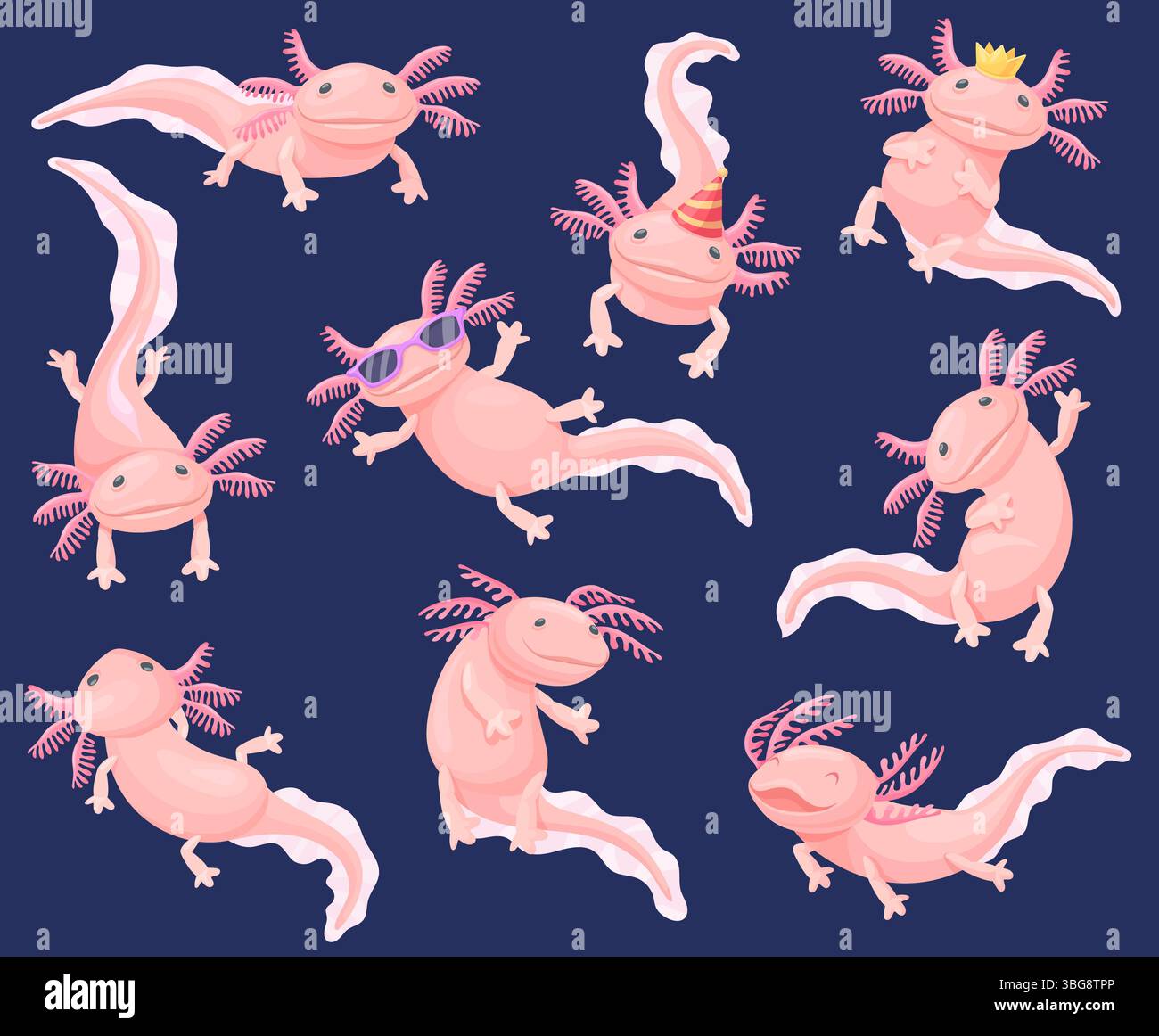 Axolotl. Cartoon axolotls cute characters, kawaii pink salamander in ...