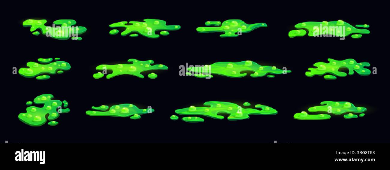 Poison puddle. Boiling potion, toxic green liquid with bubbles in witch ...