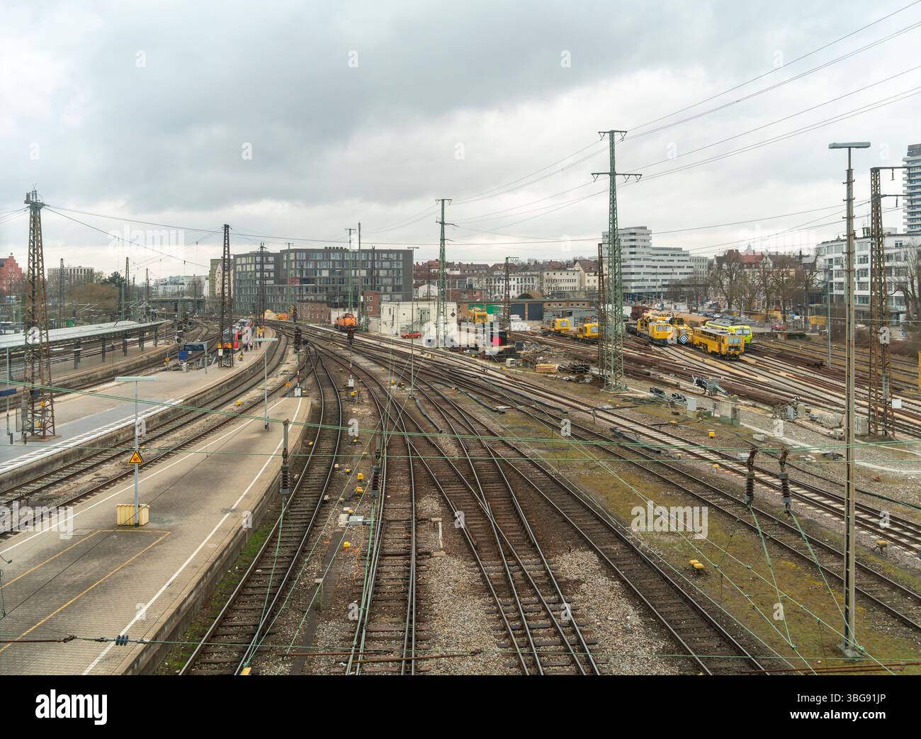 High angle railroad scenery seen in in Ulm, a city in a state named ...