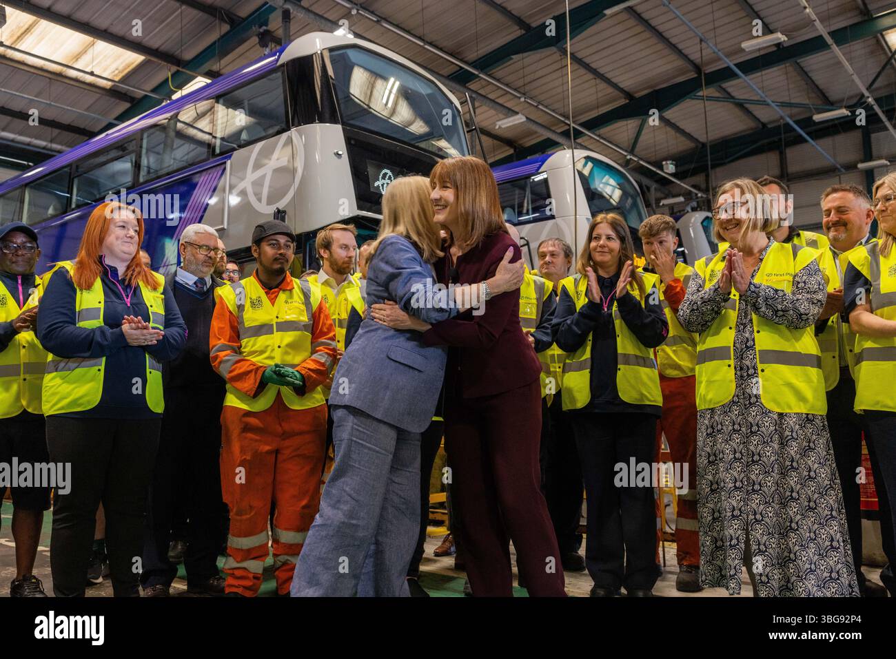 Huddersfield, UK. 04 JUN, 2025. Rachel Reeves and Tracy Brabin hug in ...