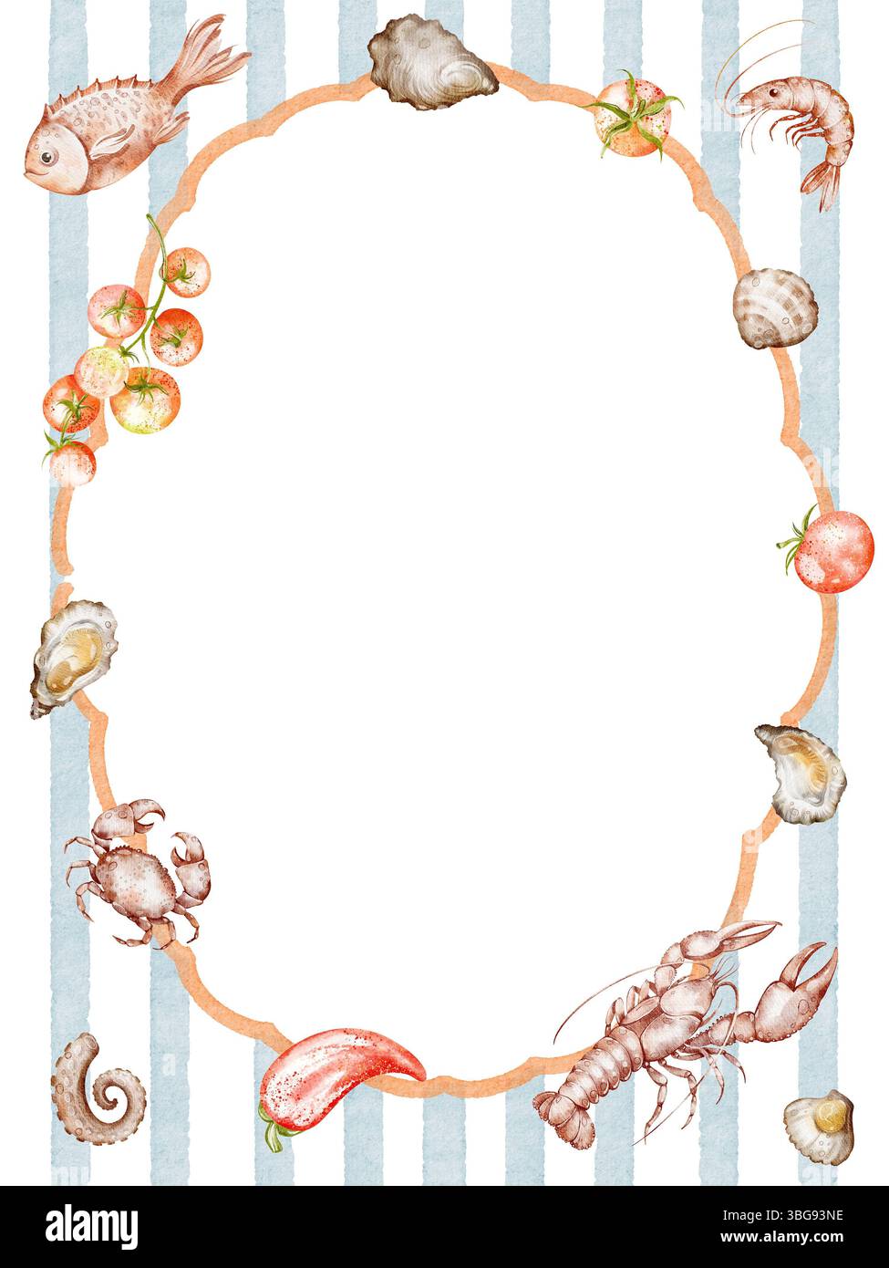 Seafood border with lobster, shrimp, crab, oyster, and fish. Kitchen ...