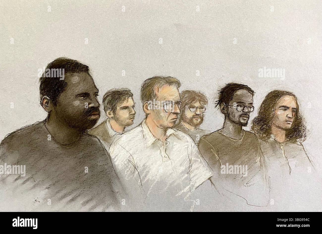 Court artist drawing of (front row, left to right) Nii Mensah, 23, Paul ...
