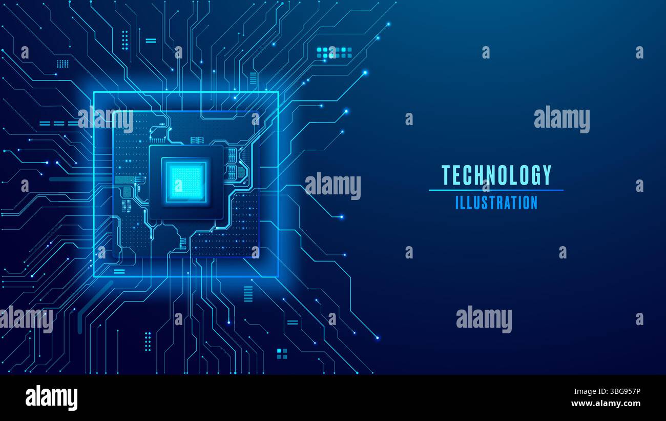 Abstract digital technology semiconductor with light blue electronics ...