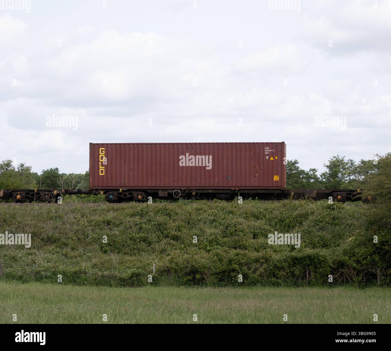 Gold shipping container on a freightliner train, Warwickshire, UK Stock ...