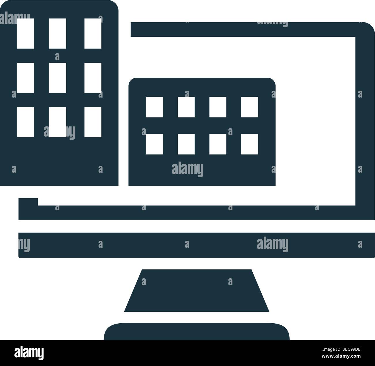 Modern computer displaying buildings, symbolizing smart city management ...