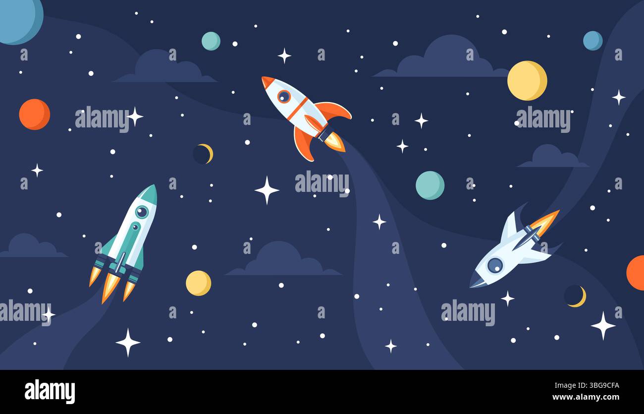 Space rockets flying in space among planets and stars. Flat vector ...