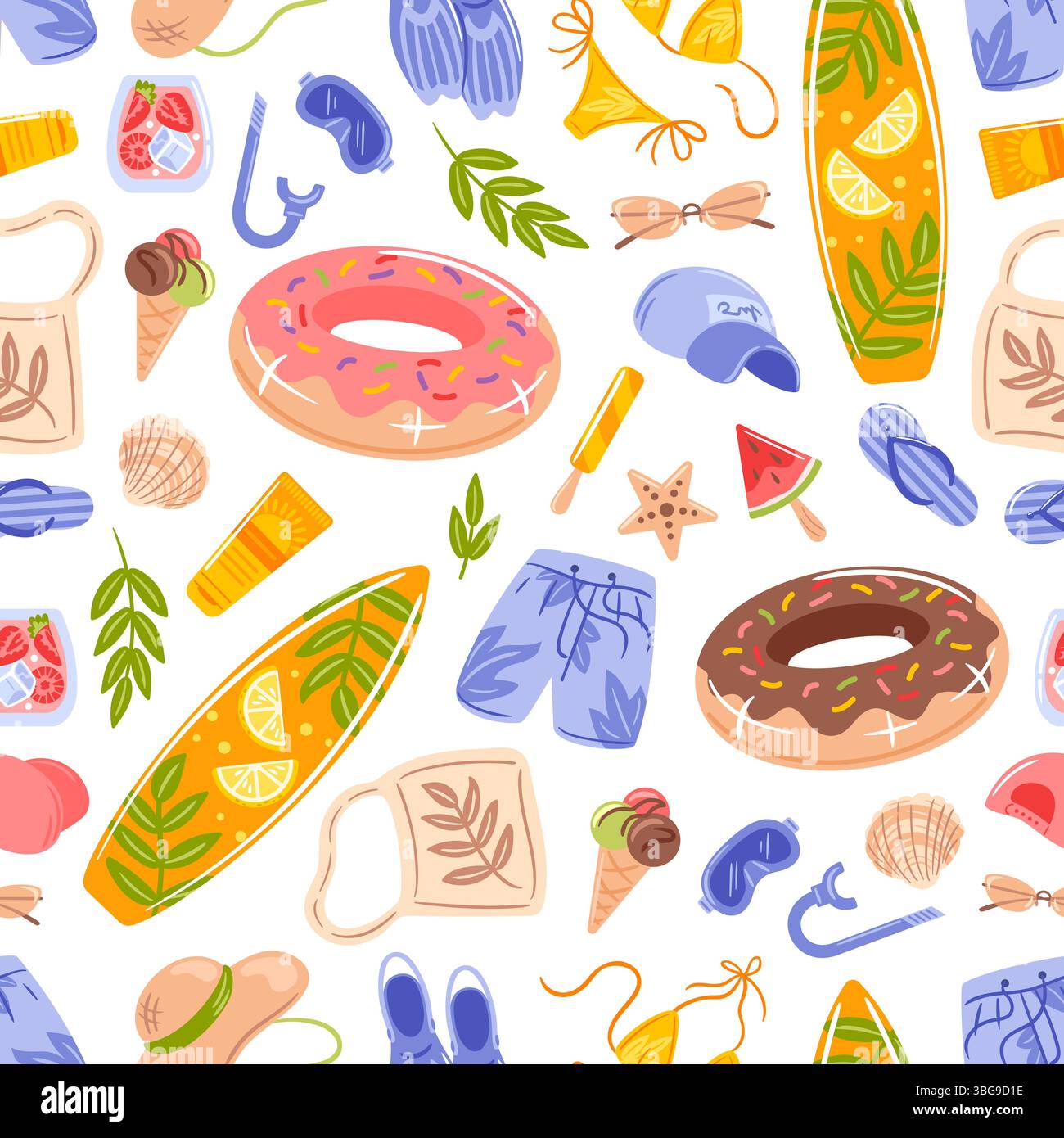 Seamless pattern of summer themed symbols including swimsuit, surfboard ...