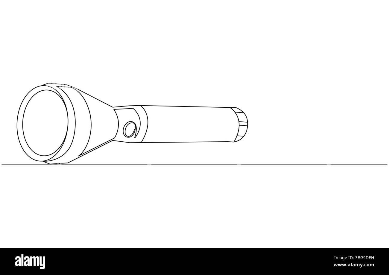 Line drawing of a flashlight lying on a surface, Continuous Line ...