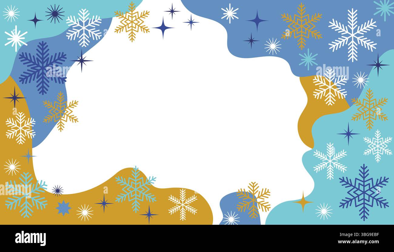 Festive card design with a border of soft blob shapes, snowflakes, and ...