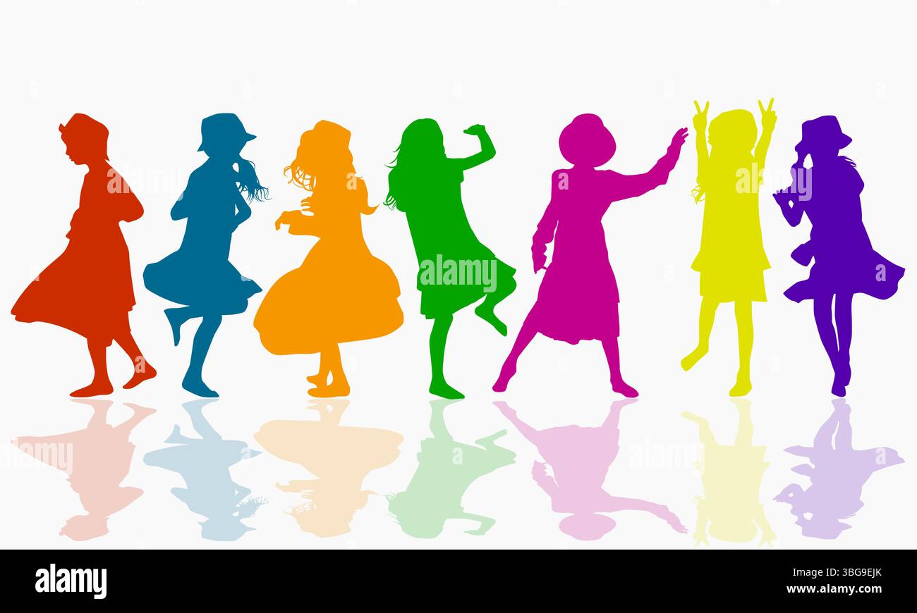 silhouettes of a group of women dancing with reflections on a light ...
