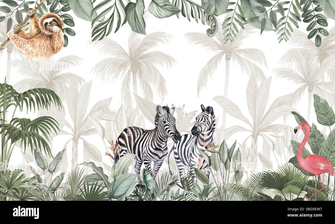 Minimalist Wildlife Mural: Gentle Animals in Soft Gray Tropical Forest ...