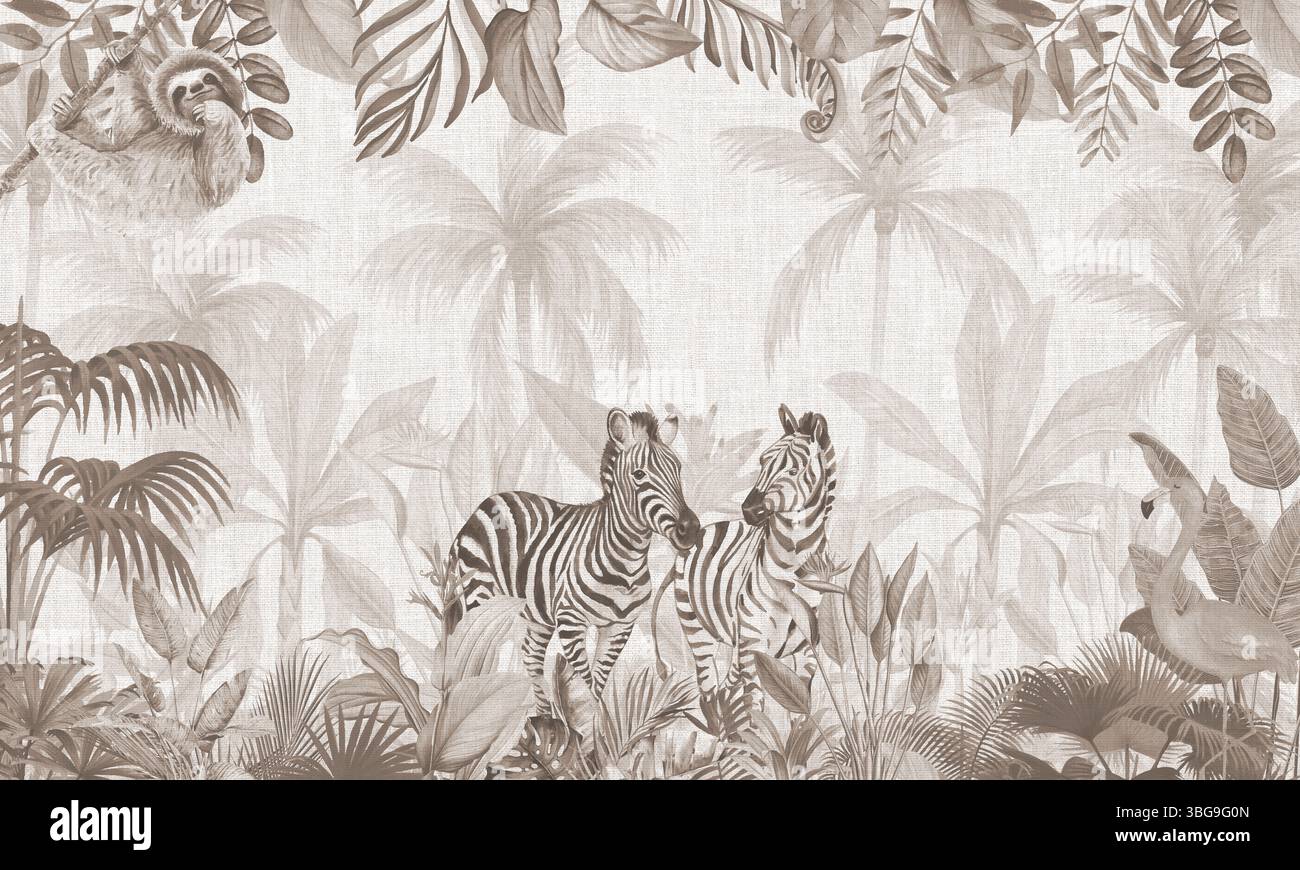 Vintage Safari Animals Wallpaper: Zebras in Muted Brown/Gray Tropical ...