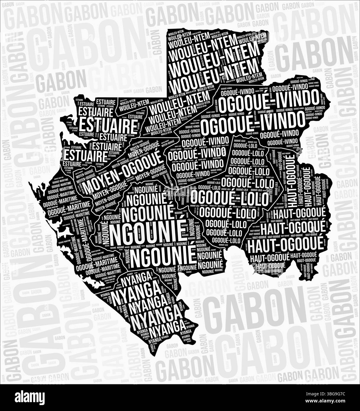 Gabon regions map word cloud. Gabon region names. Black and white map ...