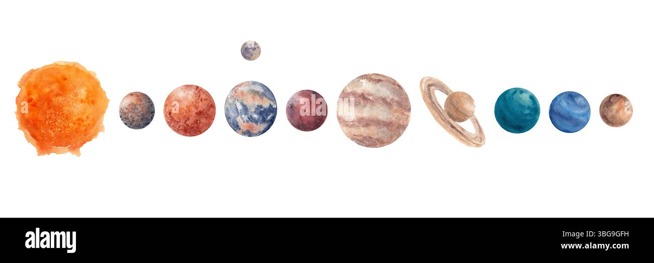 Watercolor Solar system planets on white background. Hand drawn ...