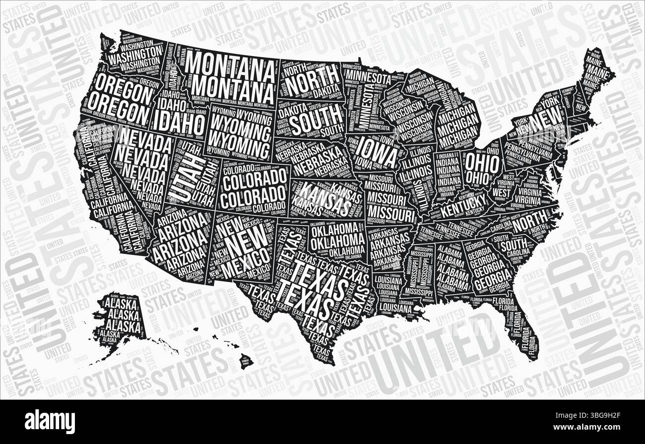 United States states map word cloud. Black and white region names map ...