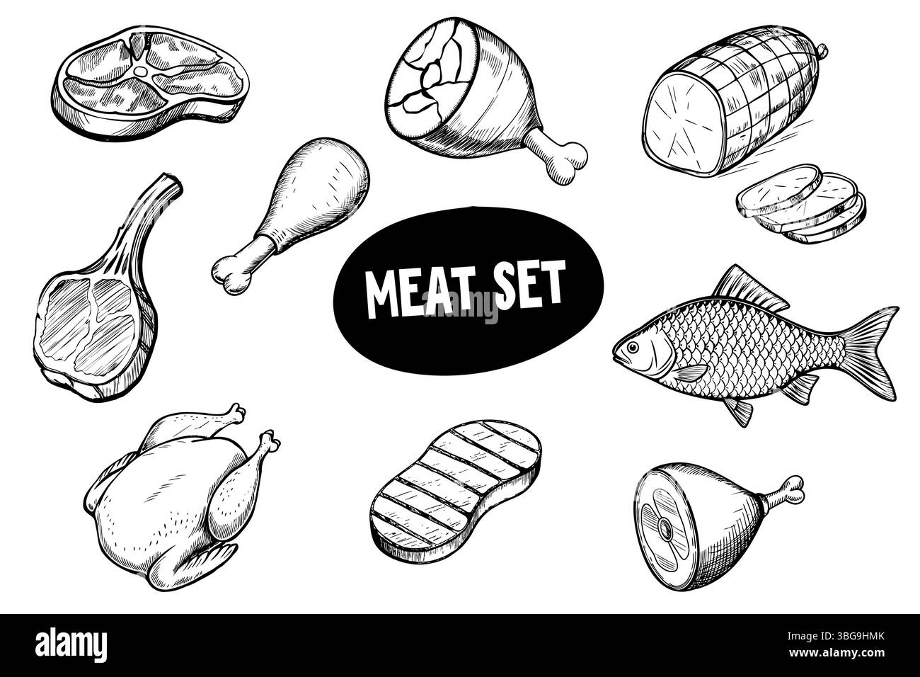 Raw meat fish and poultry Black and White Stock Photos & Images - Alamy