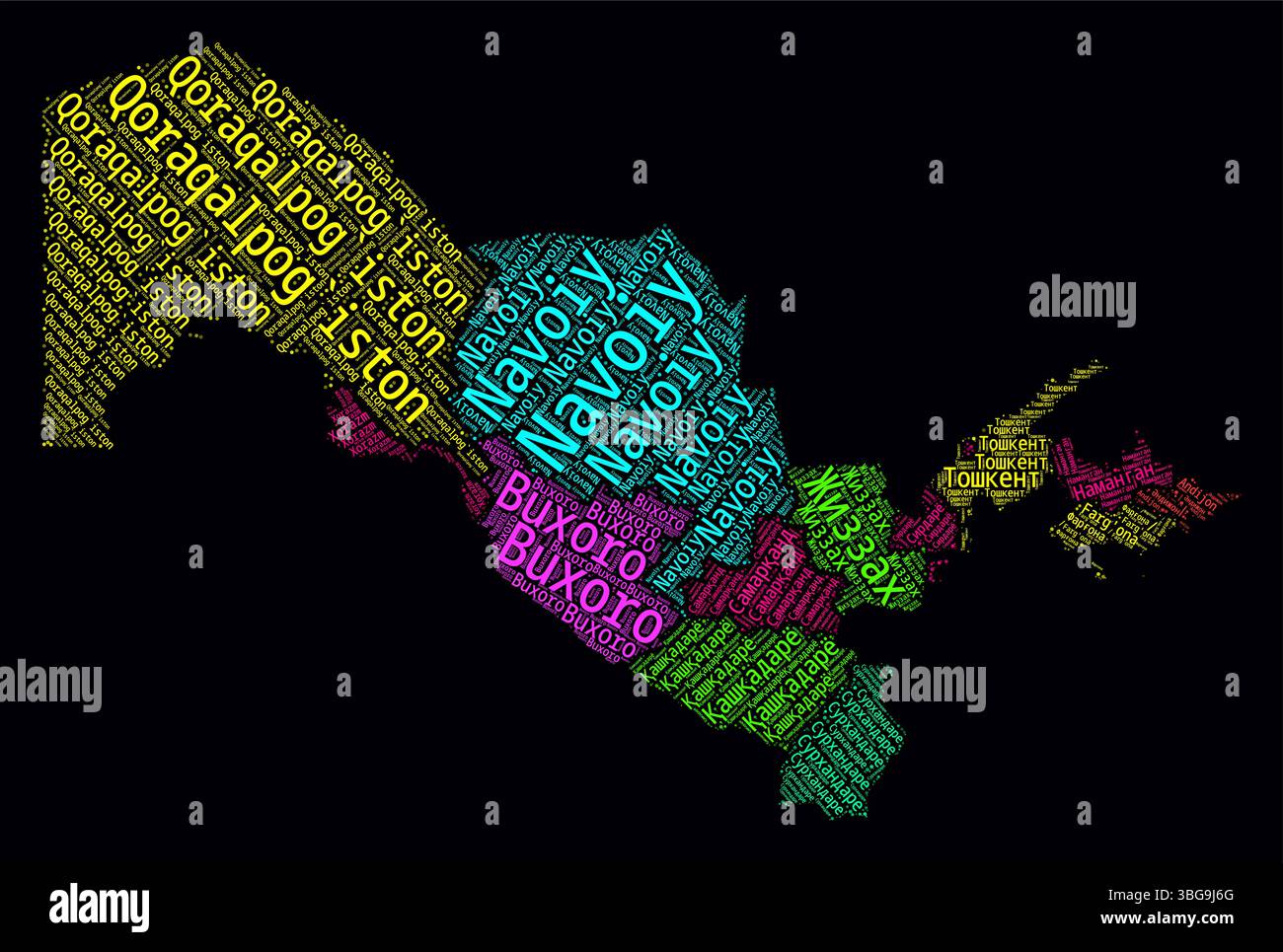 Uzbekistan Regions Word Clouds. Bright neon style design on dark ...