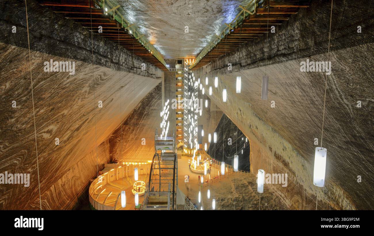 A look inside the historic Salina Turda salt mine with lights in ...
