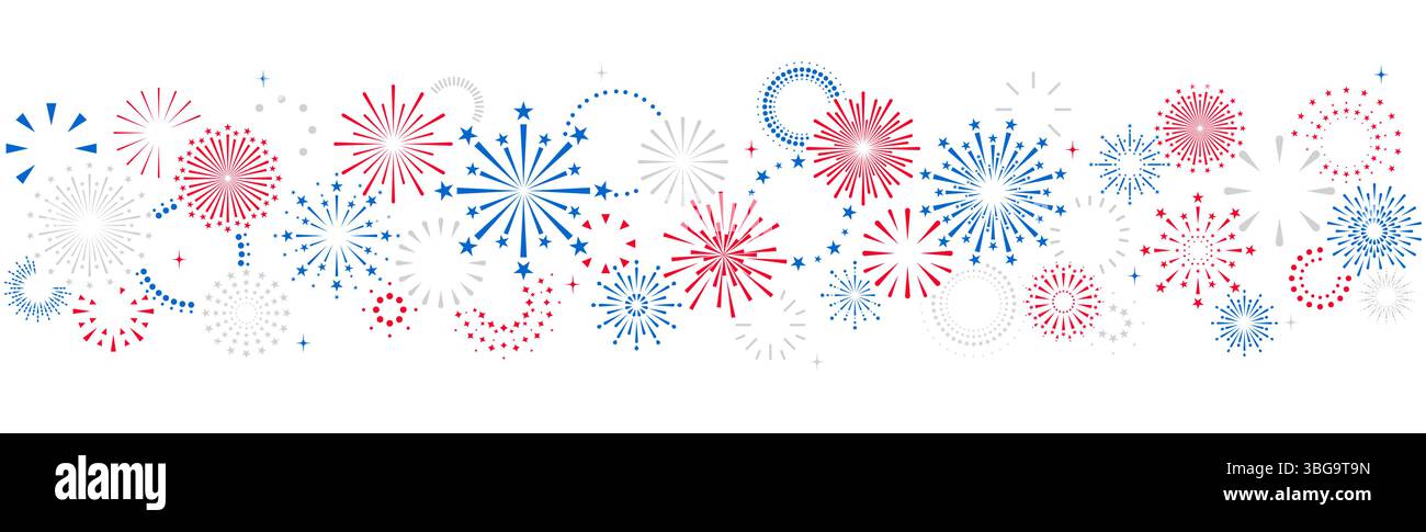 Fourth of July border, USA flag fireworks banner, vector red and blue ...