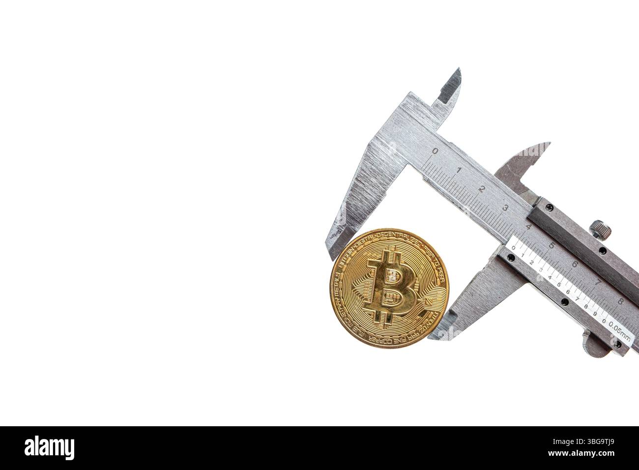 Vernier caliper with golden bitcoin coin on white background Stock ...