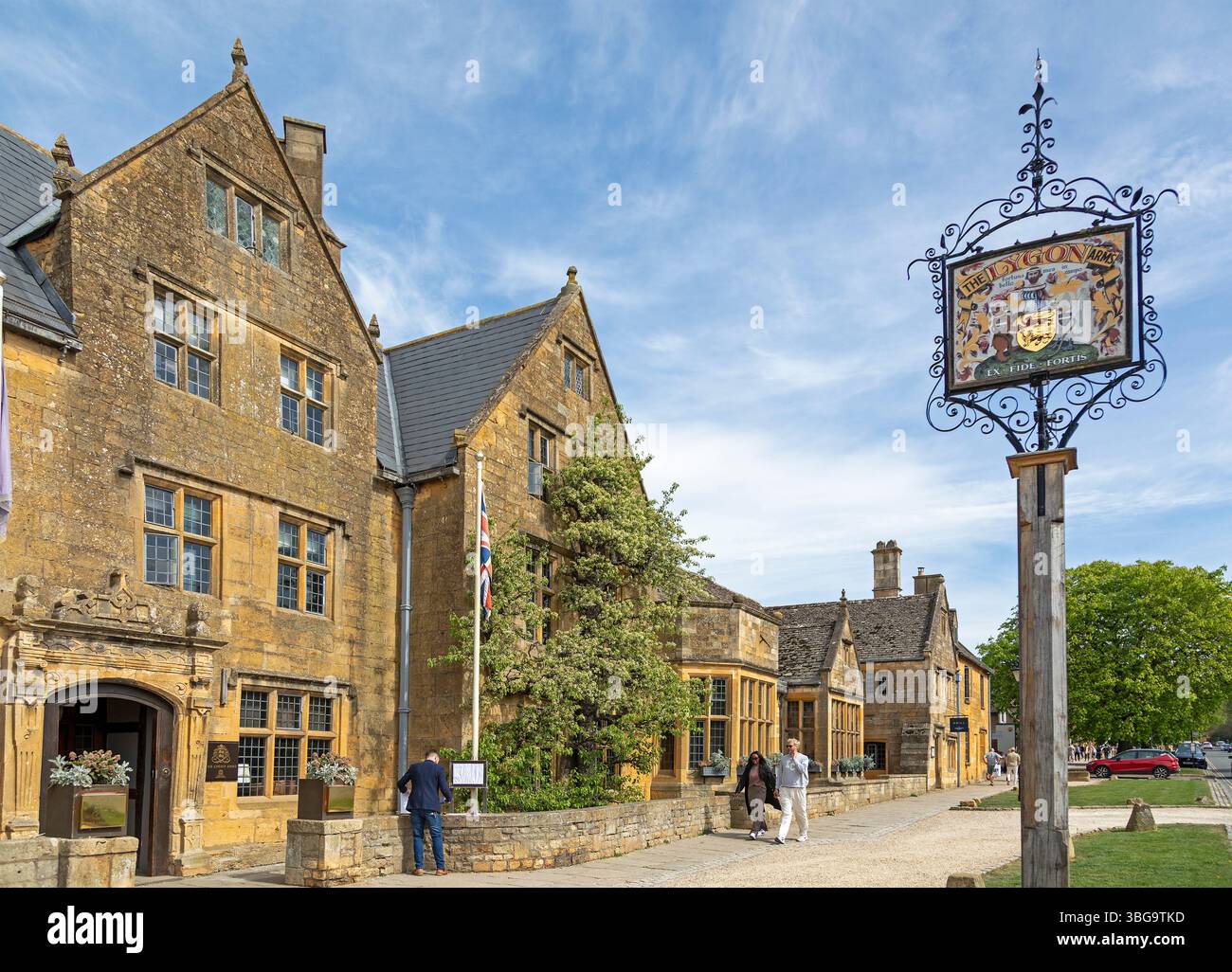 Honey coloured houses, cottages, Restaurant The Lygon Arms, pub sign ...