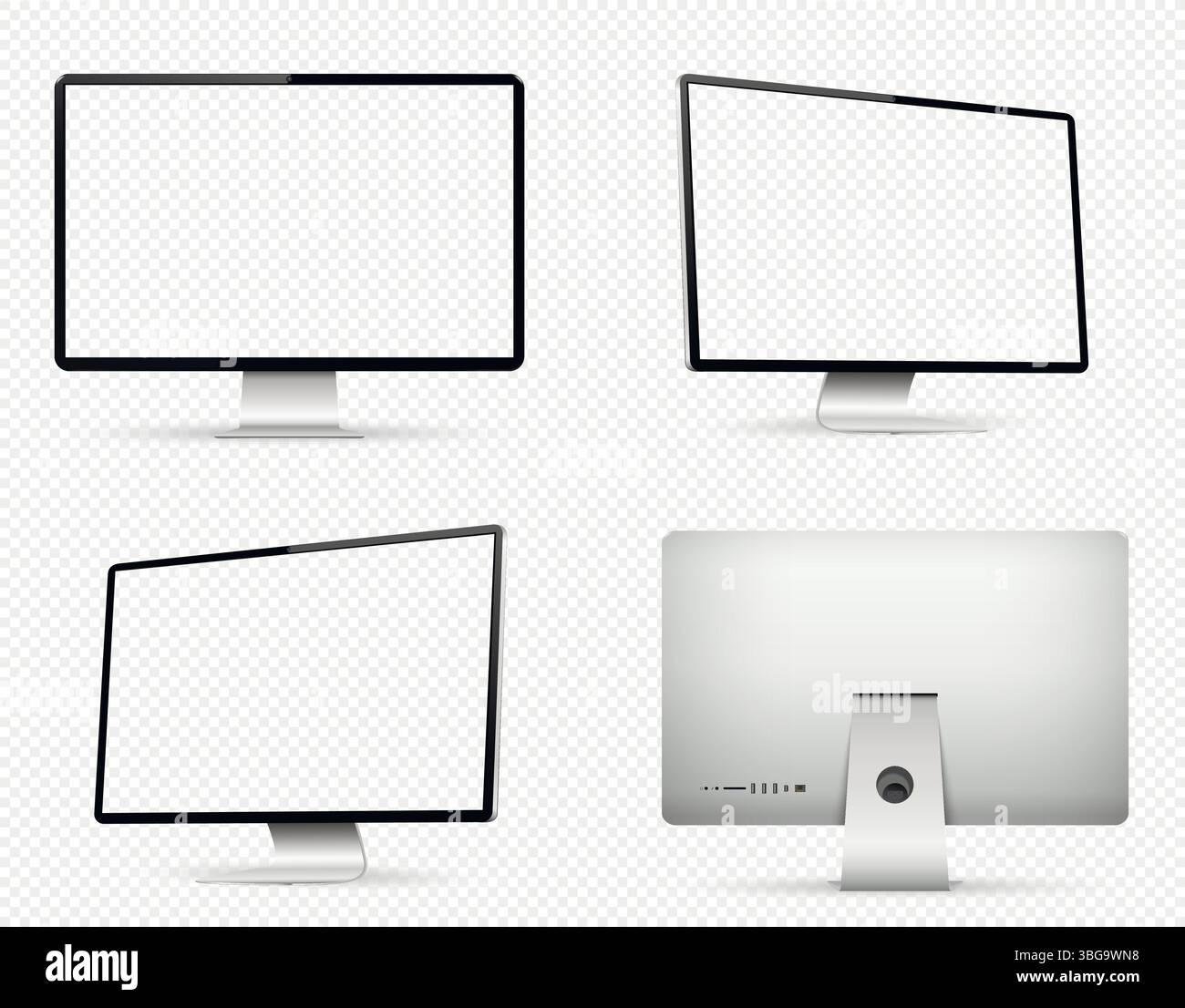 Realistic computer transparent screen mockup. Front, back and side computer screen isolated on ...