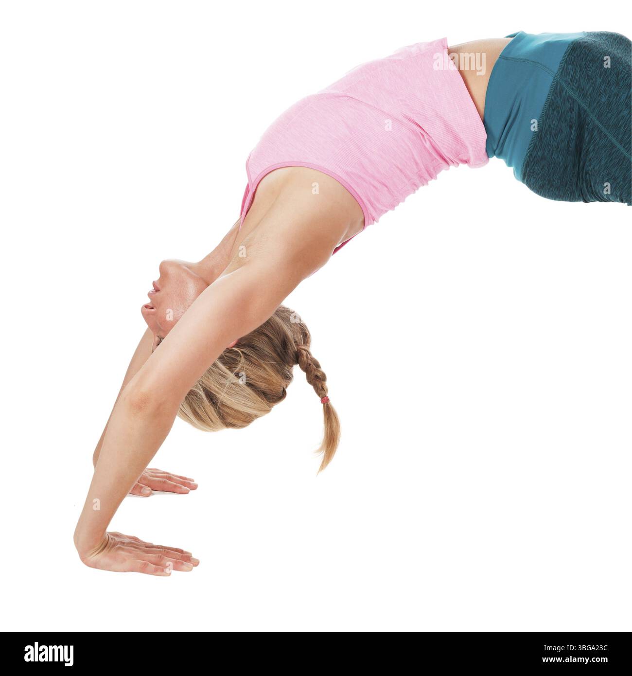 Lateral upper body view of a young woman in front of white background ...