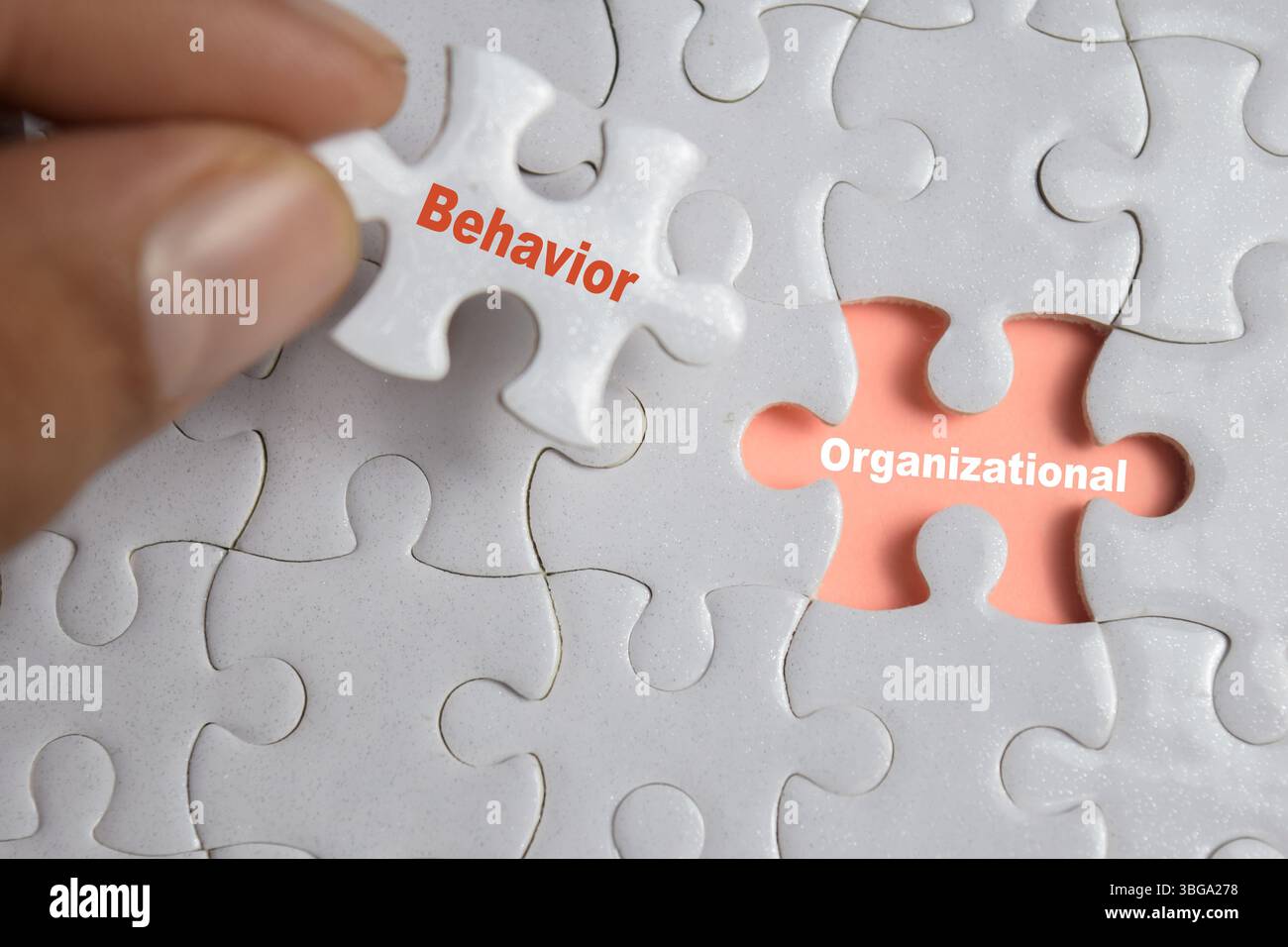 Hand holding piece of jigsaw puzzle with word Organizational behavior ...