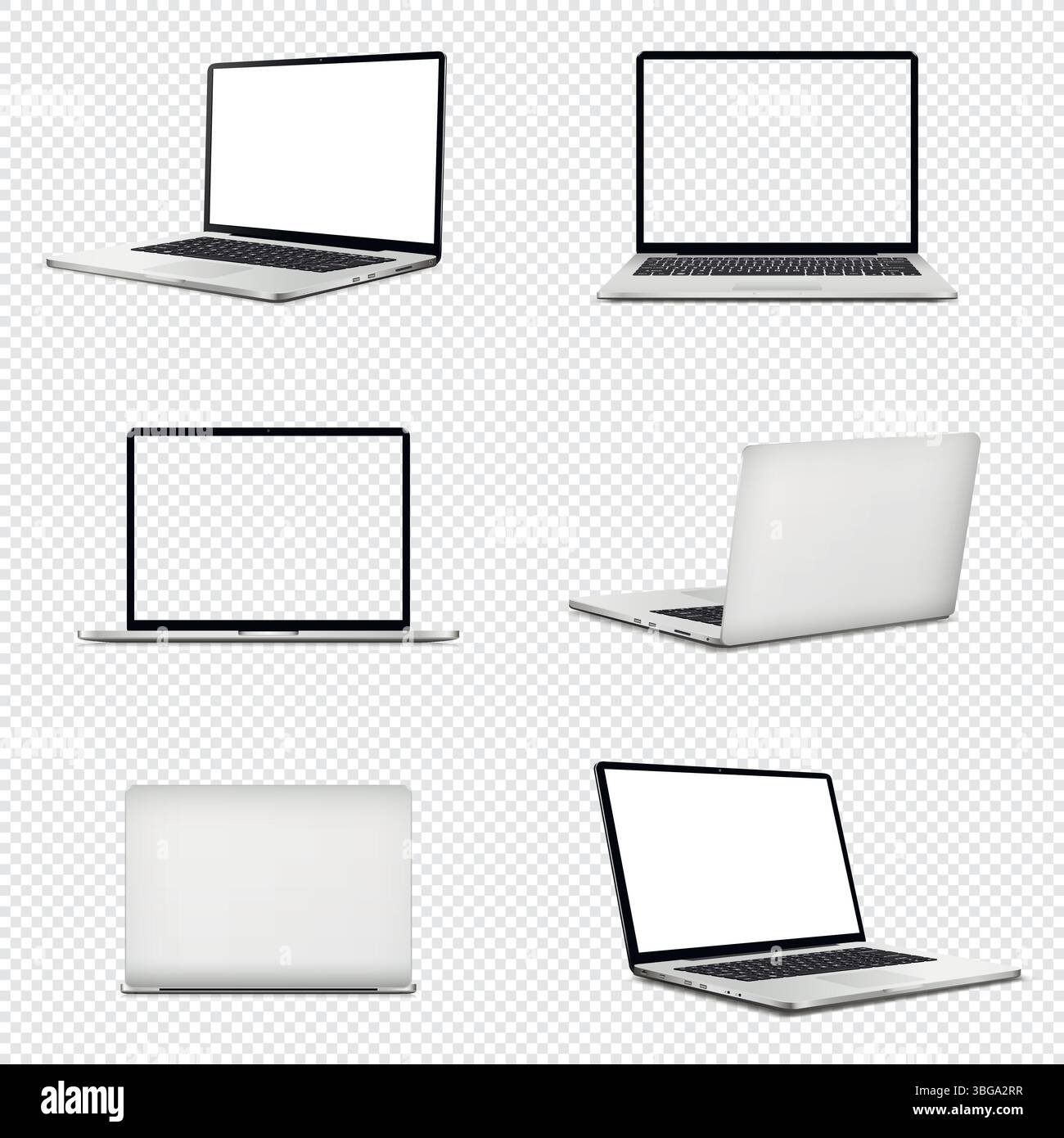 Mockup of laptop computer. Front, back and side view with white and ...