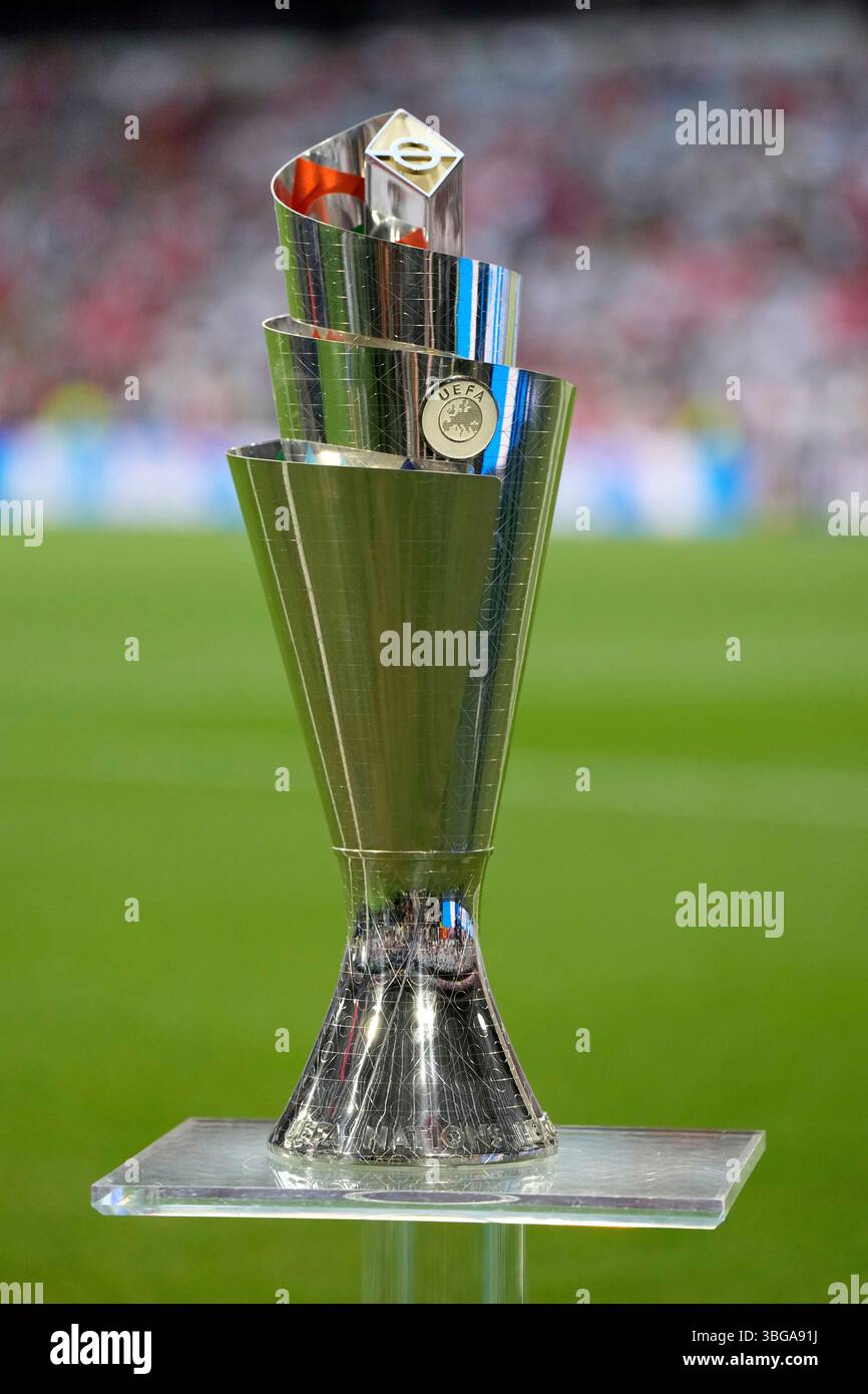 The trophy is displayed on the pitch before the Nations League ...