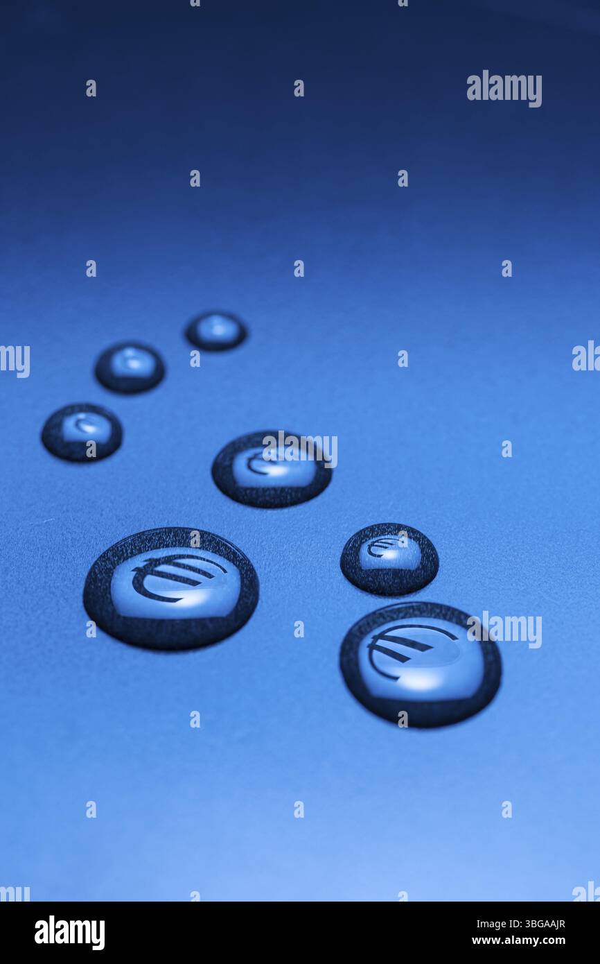 Seven liquid drops with mirrored EURO symbol on blue background with ...