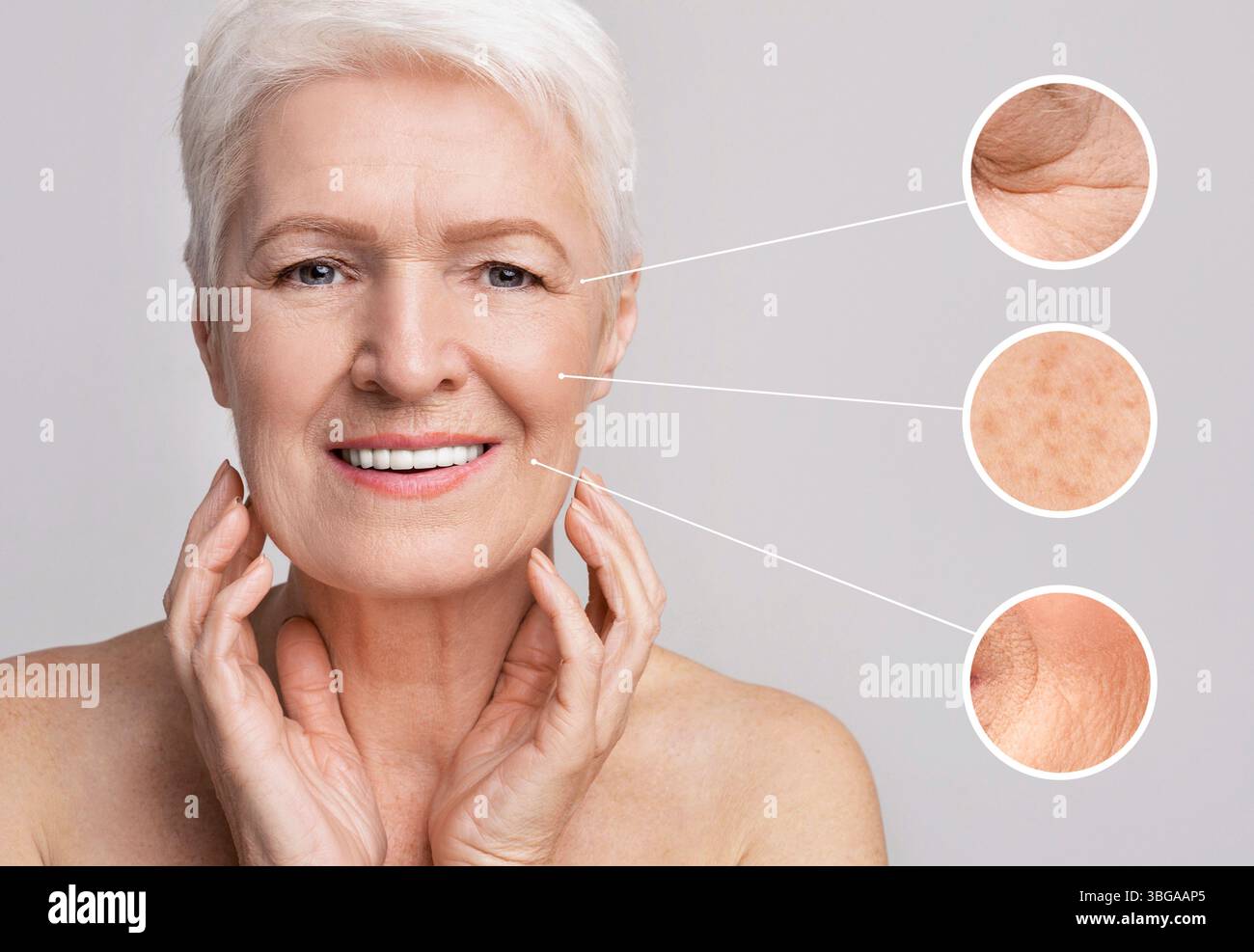 Beautiful senior woman portrait with zoomed zones with skin aging signs ...