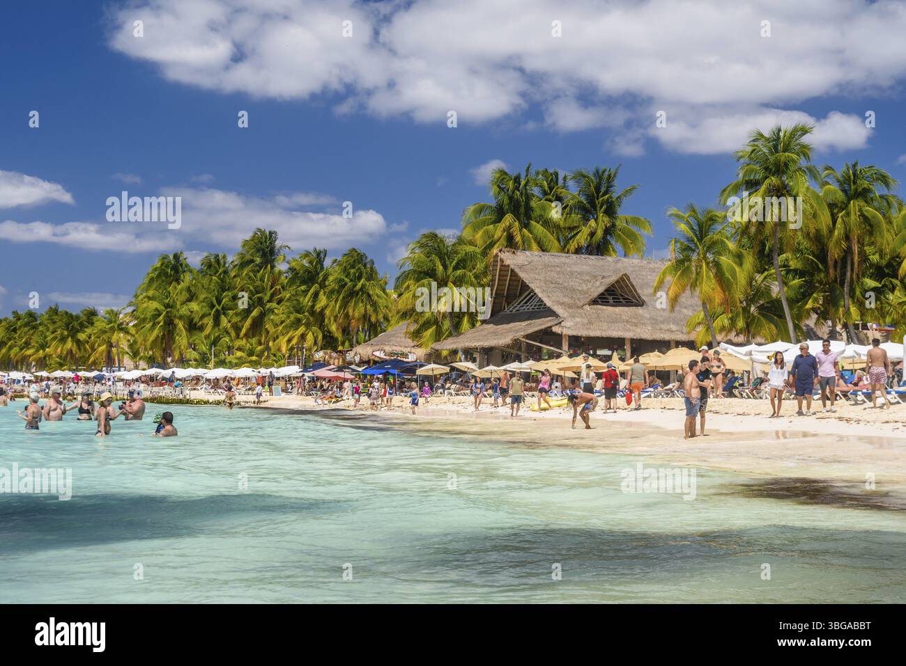 Swimming near white sandy beach with parasols, bungalow bar and coconut ...