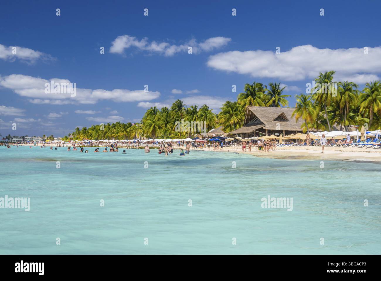 Swimming near white sandy beach with parasols, bungalow bar and coconut ...