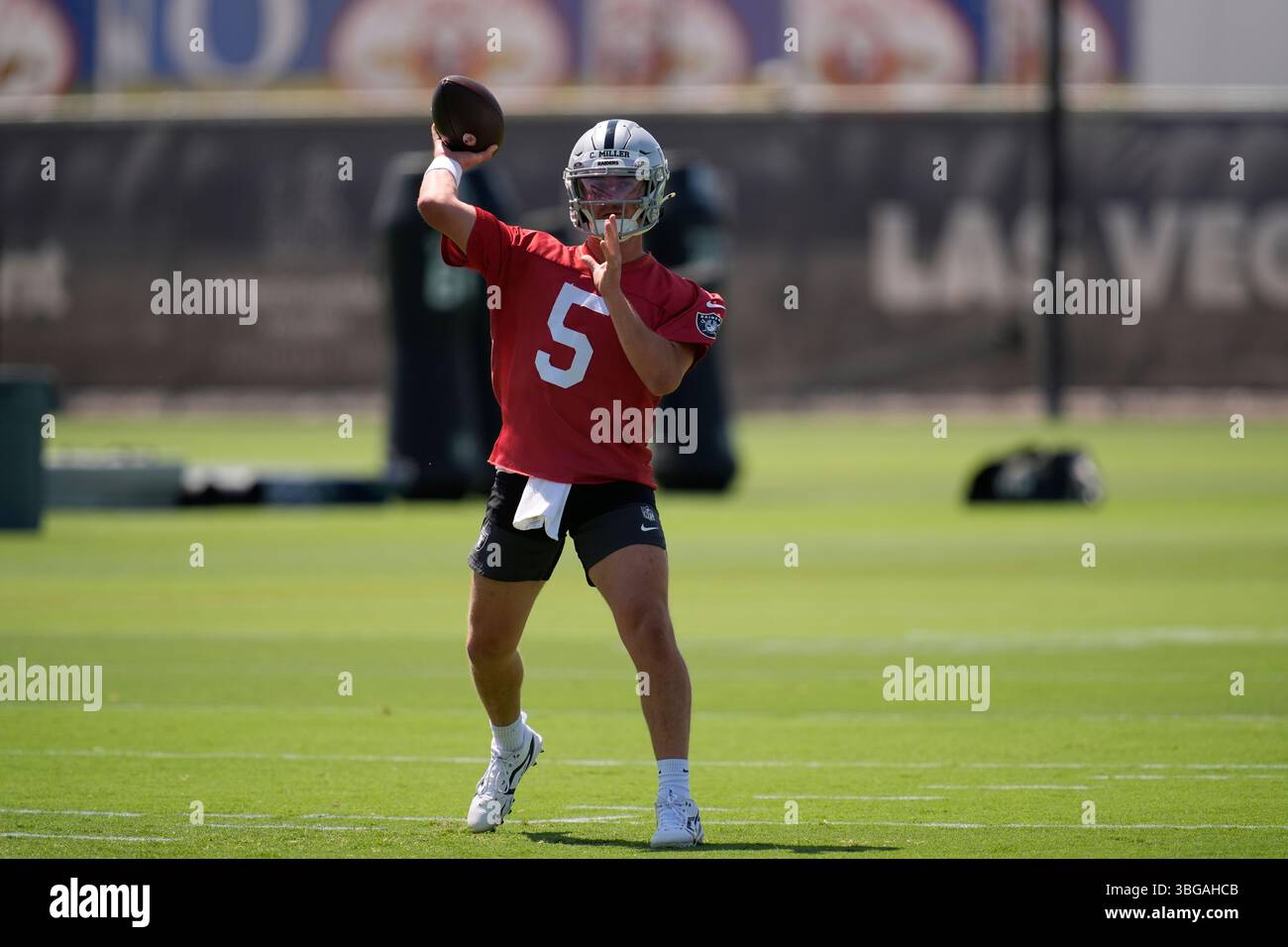 Las Vegas Raiders quarterback Cam Miller throws during an NFL football ...