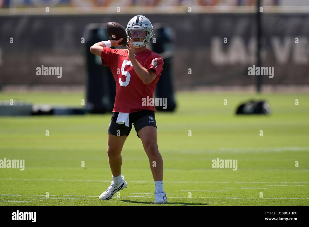 Las Vegas Raiders quarterback Cam Miller throws during an NFL football ...