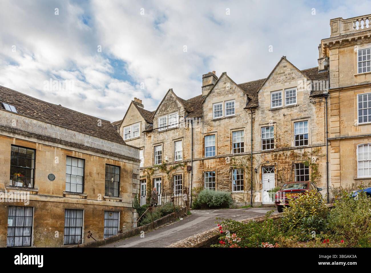 Street scene of roadside classic stone houses in Bradford-on-Avon, a ...