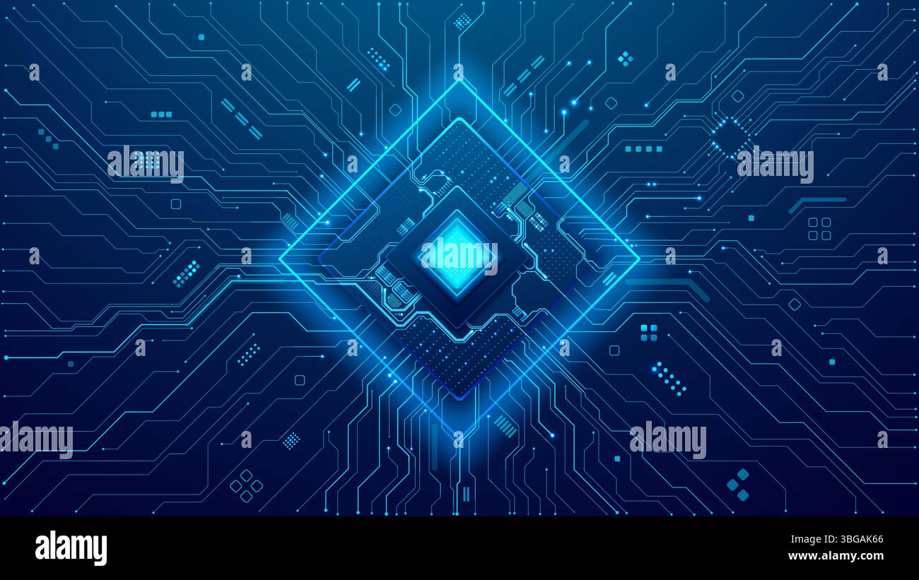 Futuristic light blue circuit board with AI innovation chip. Artificial ...