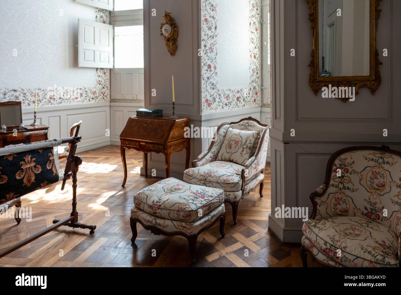 Elegant guest apartment features ornate writing desk and classical ...