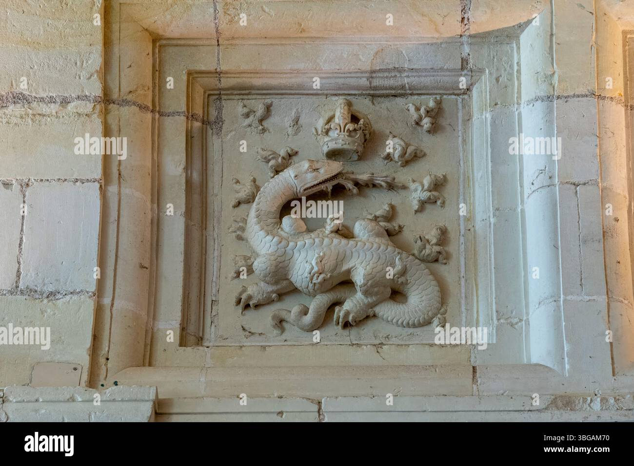 Intricate salamander relief carving displays royal heraldic symbols and ...