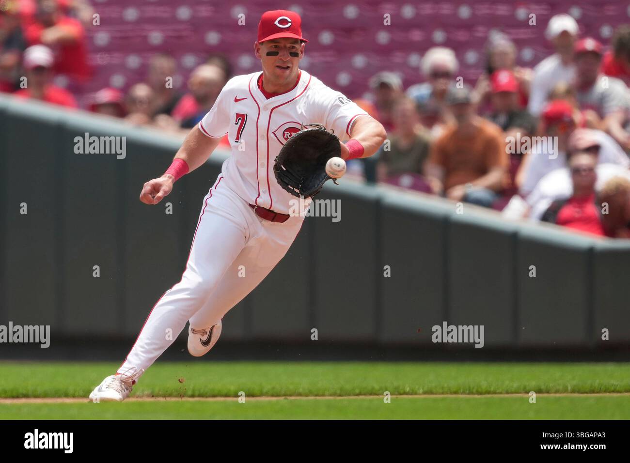 Cincinnati Reds' Spencer Steer fields a ground ball hit for an out by ...