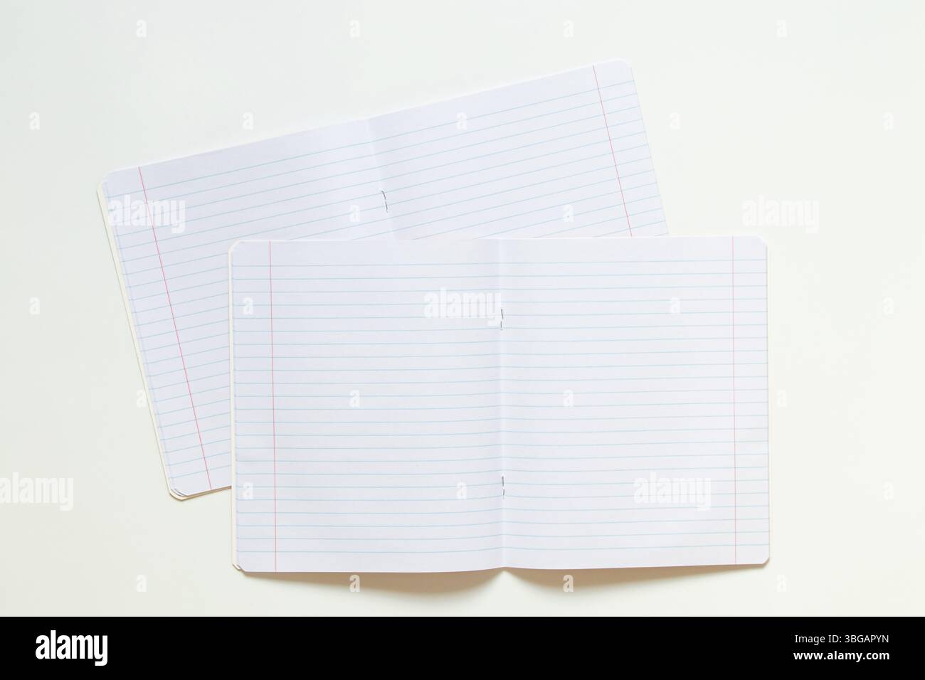 Two lined notebooks fastened with staples on a white background ...