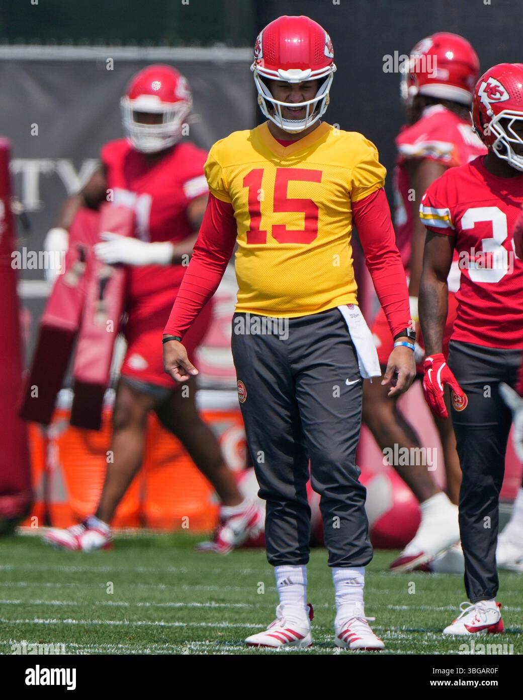 Kansas City Chiefs quarterback Patrick Mahomes waits to start a drill ...